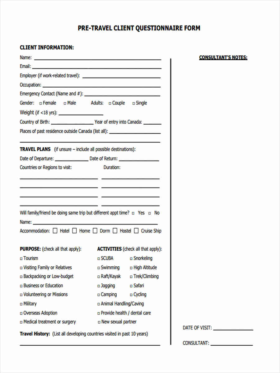 FREE 11+ Travel Questionnaire Forms in PDF | Excel | Ms Word
