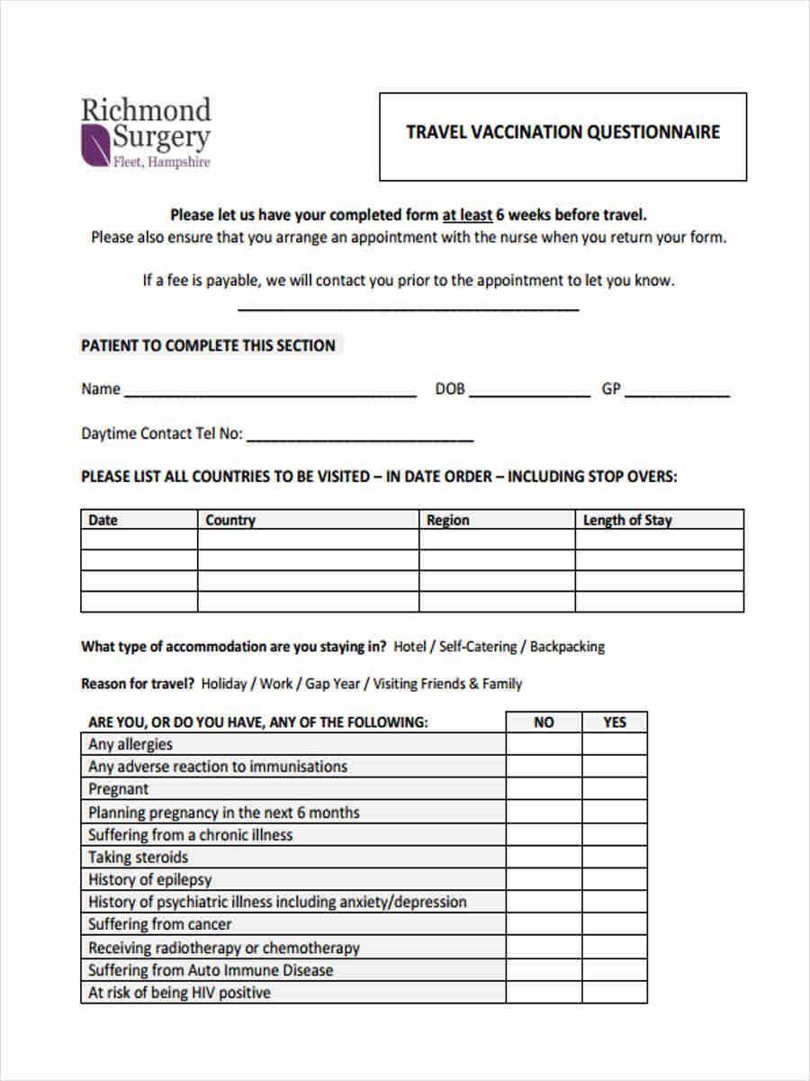 FREE 11+ Travel Questionnaire Forms in PDF | Excel | Ms Word