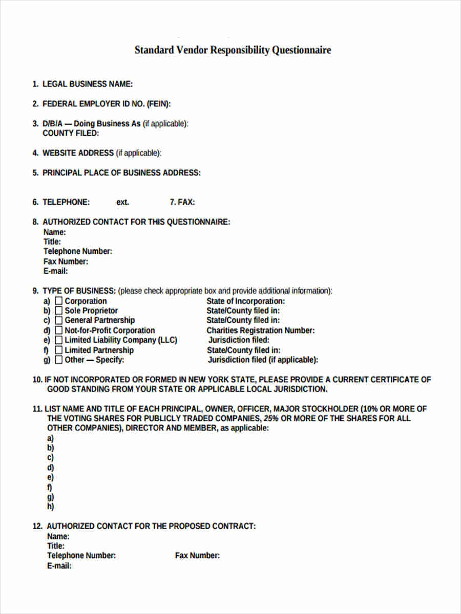 FREE 9+ Sample Vendor Questionnaire Forms in PDF | Excel