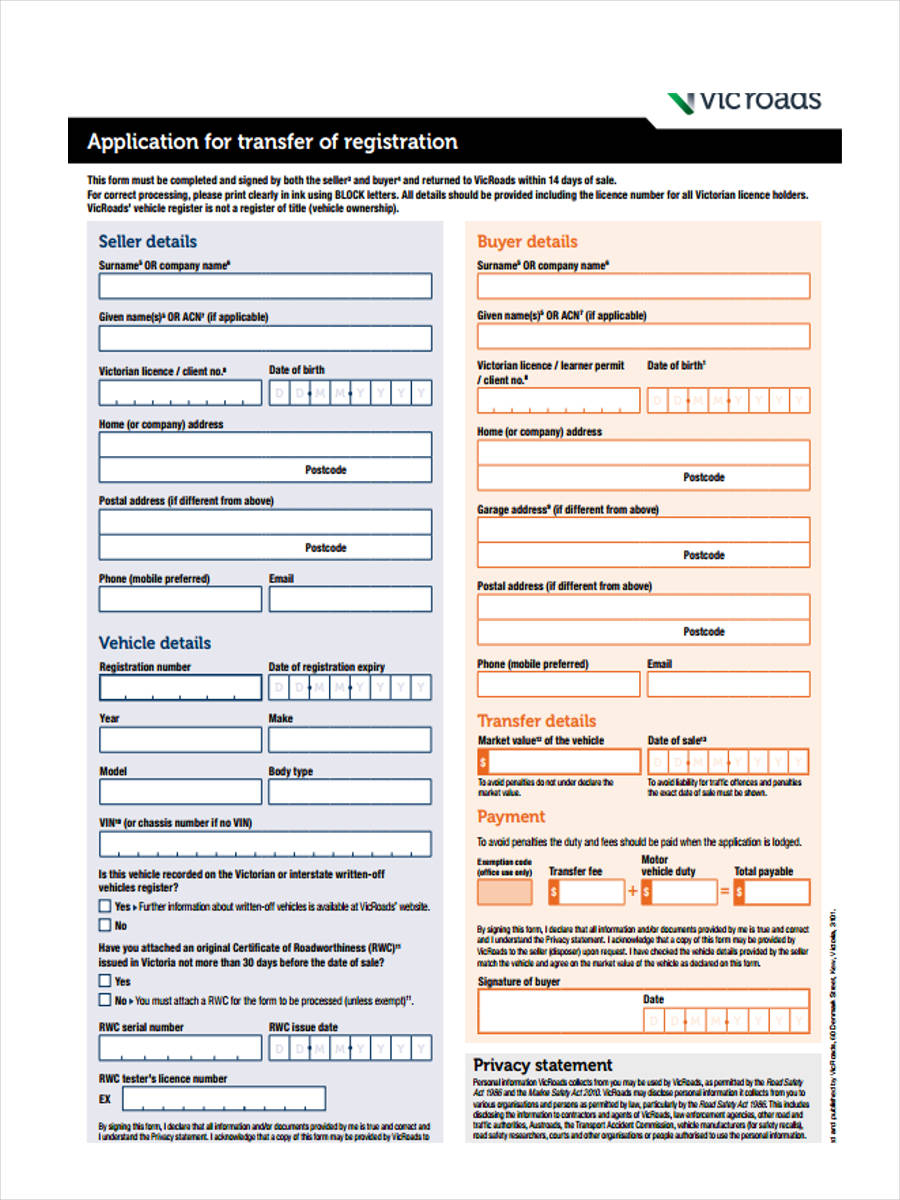 FREE 12+ Registration Transfer Form Samples, PDF, MS Word, Google Docs