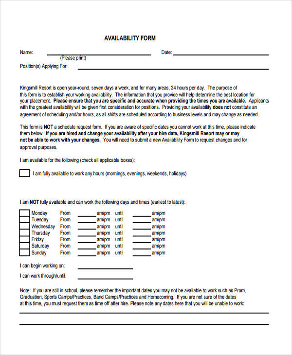 FREE 19+ Employee Availability Form Samples, PDF, MS Word, Google Docs