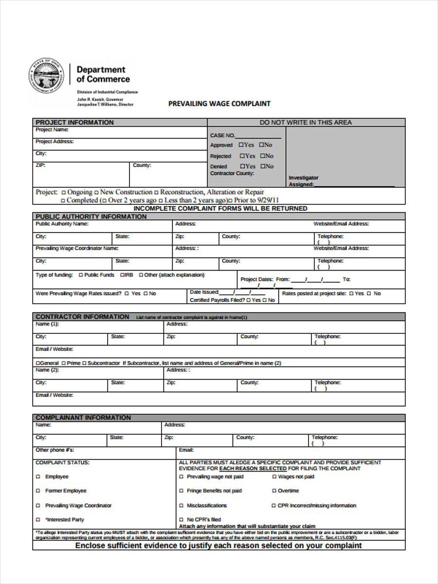 FREE 6+ Sample Wage Complaint Forms in PDF | Ms Word