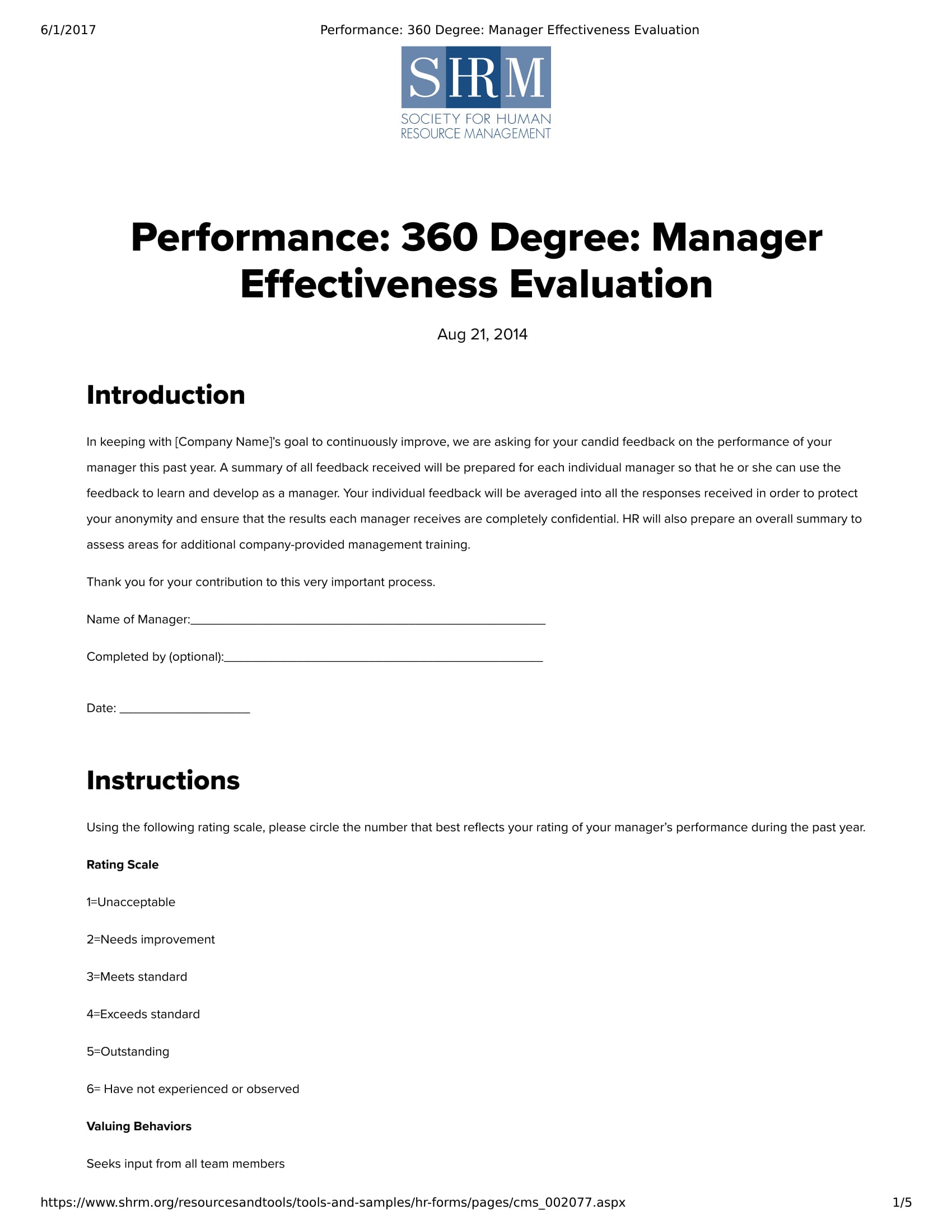 Performance Review Template Shrm