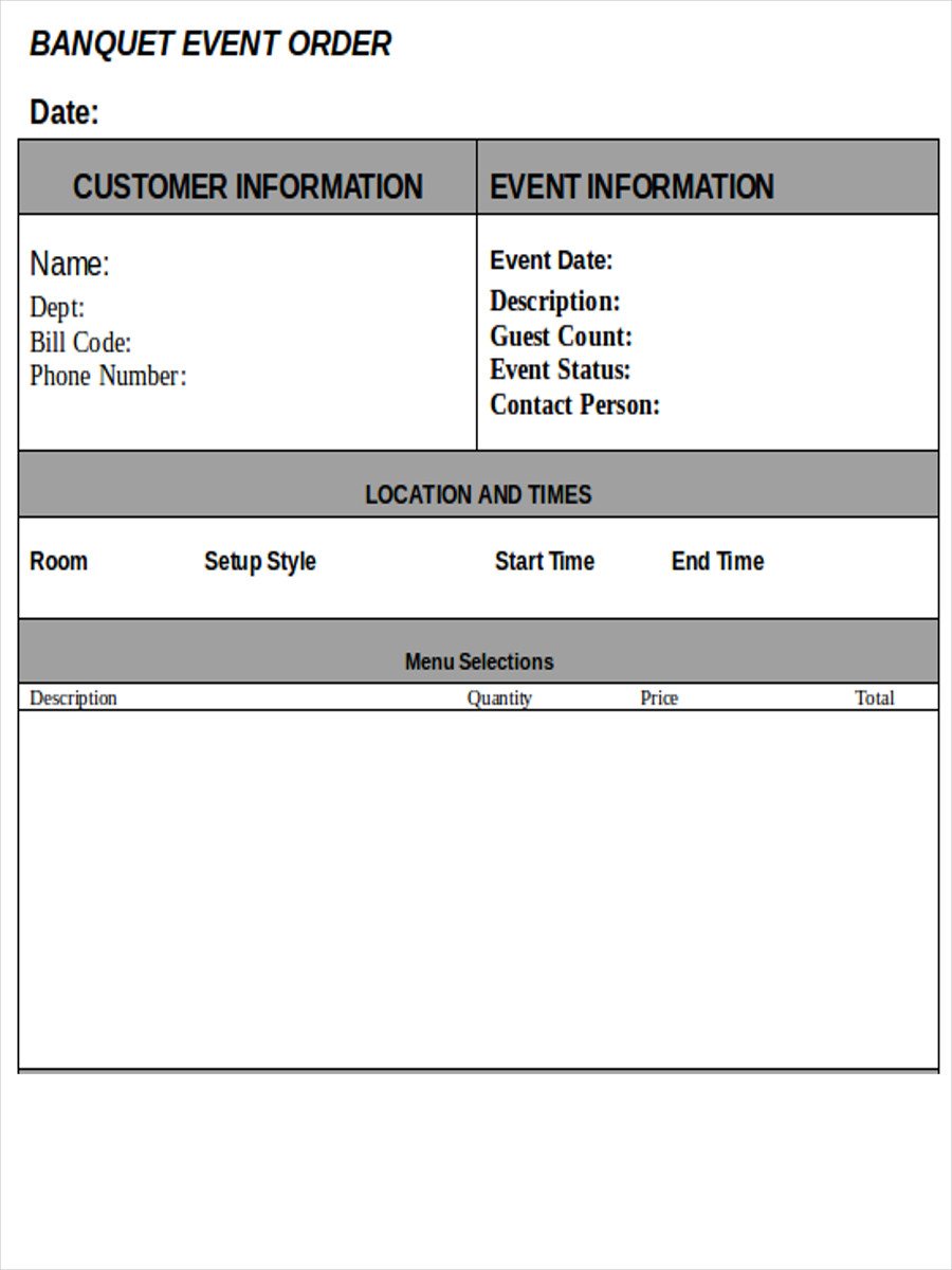 Banquet Order Form Template