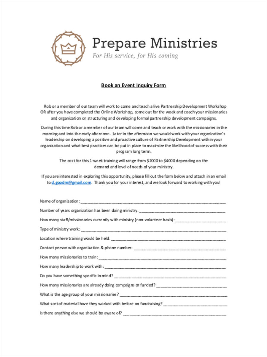 FREE 7+ Sample Event Inquiry Forms in MS Word | PDF
