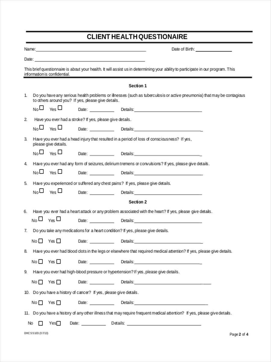 FREE 12+Health Questionnaire Form Samples, PDF, MS Word, Google Docs