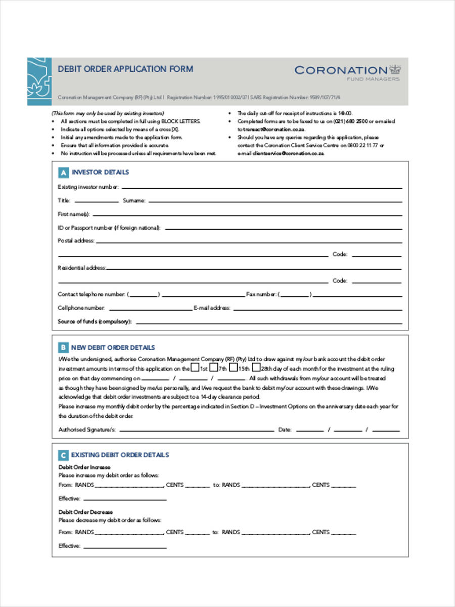 FREE 9+ Sample Debit Order Forms in PDF | Ms Word