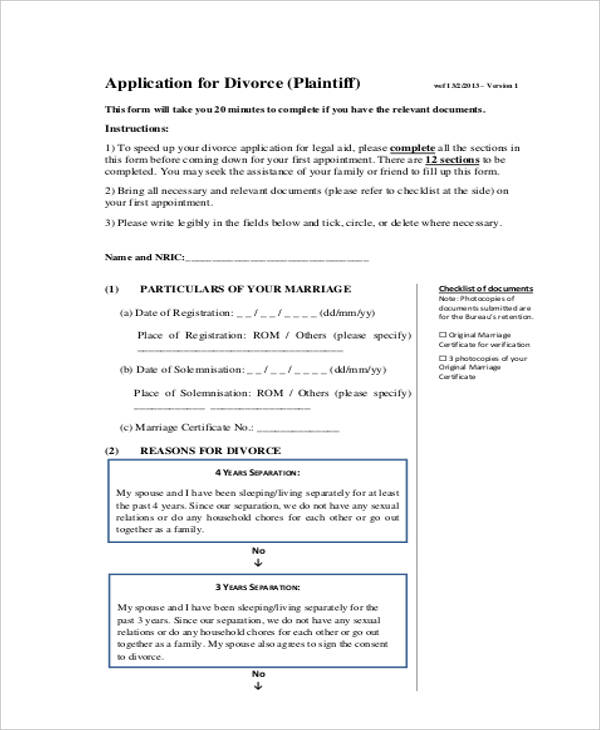 FREE 9+ Divorce Application Form Samples, PDF, MS Word, Google Docs