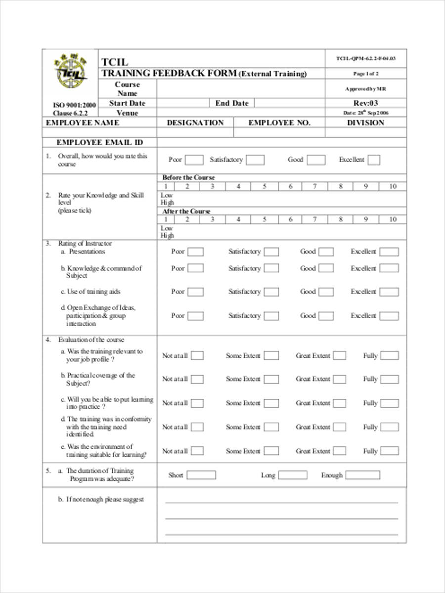 FREE 16+ Sample Training Feedback Forms in PDF | Ms Word | Excel