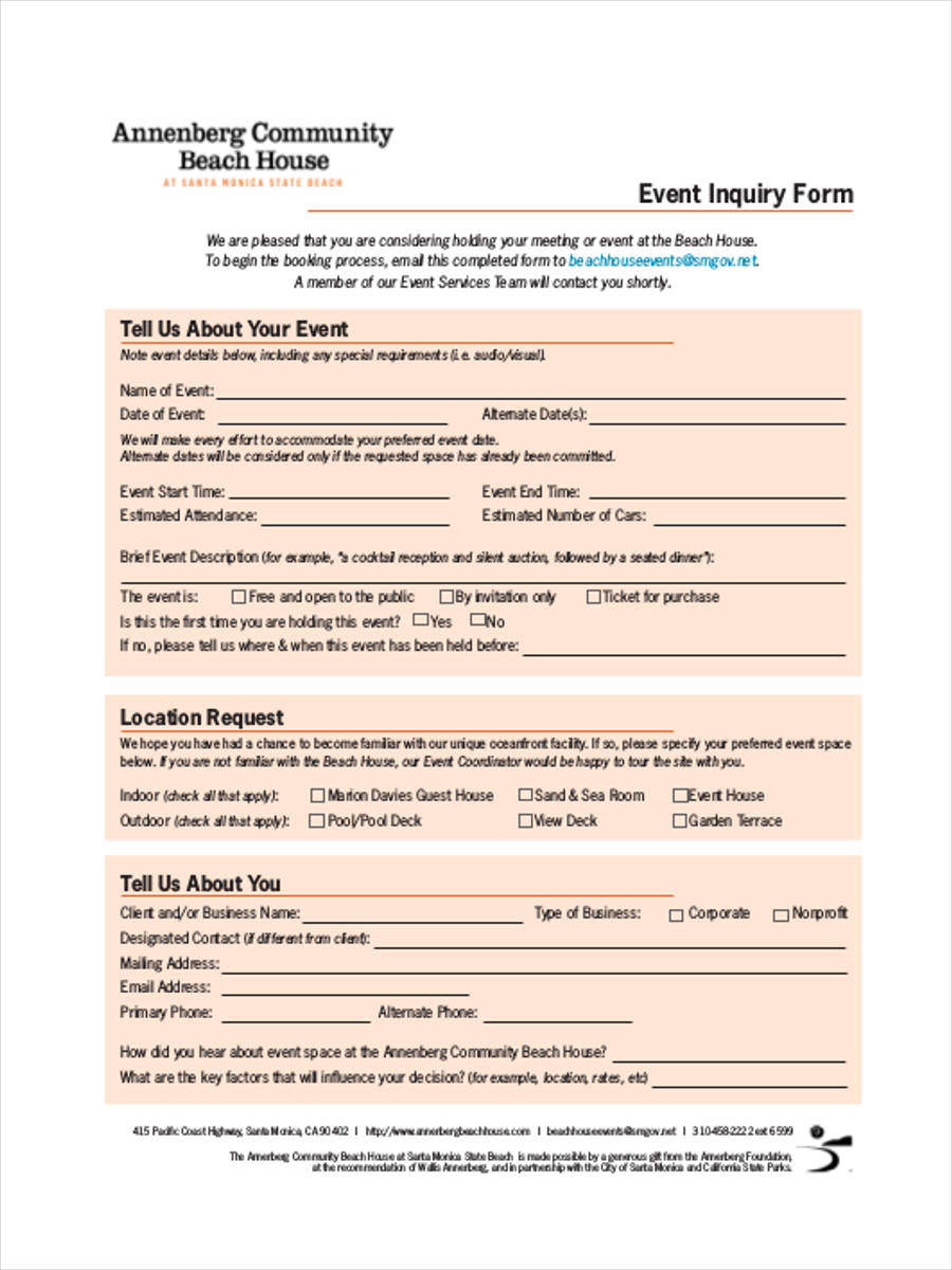 FREE 7+ Sample Event Inquiry Forms in MS Word | PDF