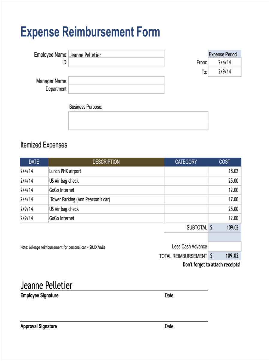 Sample Expense Reimbursement Form Excel Templates