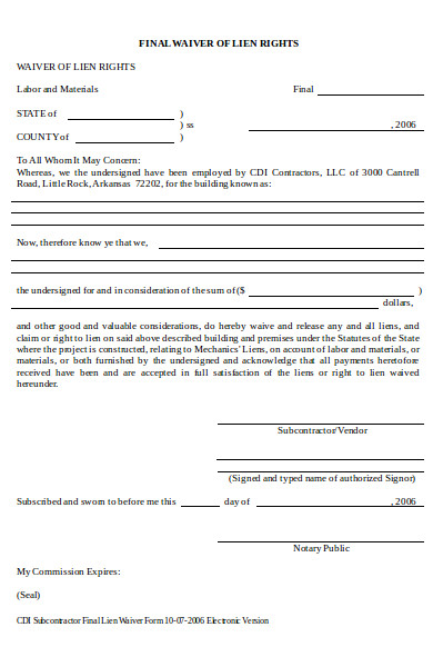 FREE 7+ Lien Waiver Forms in PDF | Ms Word