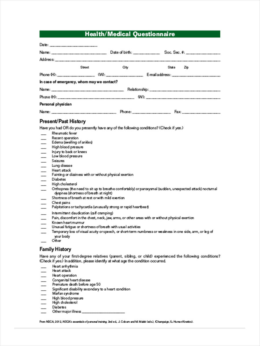 FREE 12+Health Questionnaire Form Samples, PDF, MS Word, Google Docs
