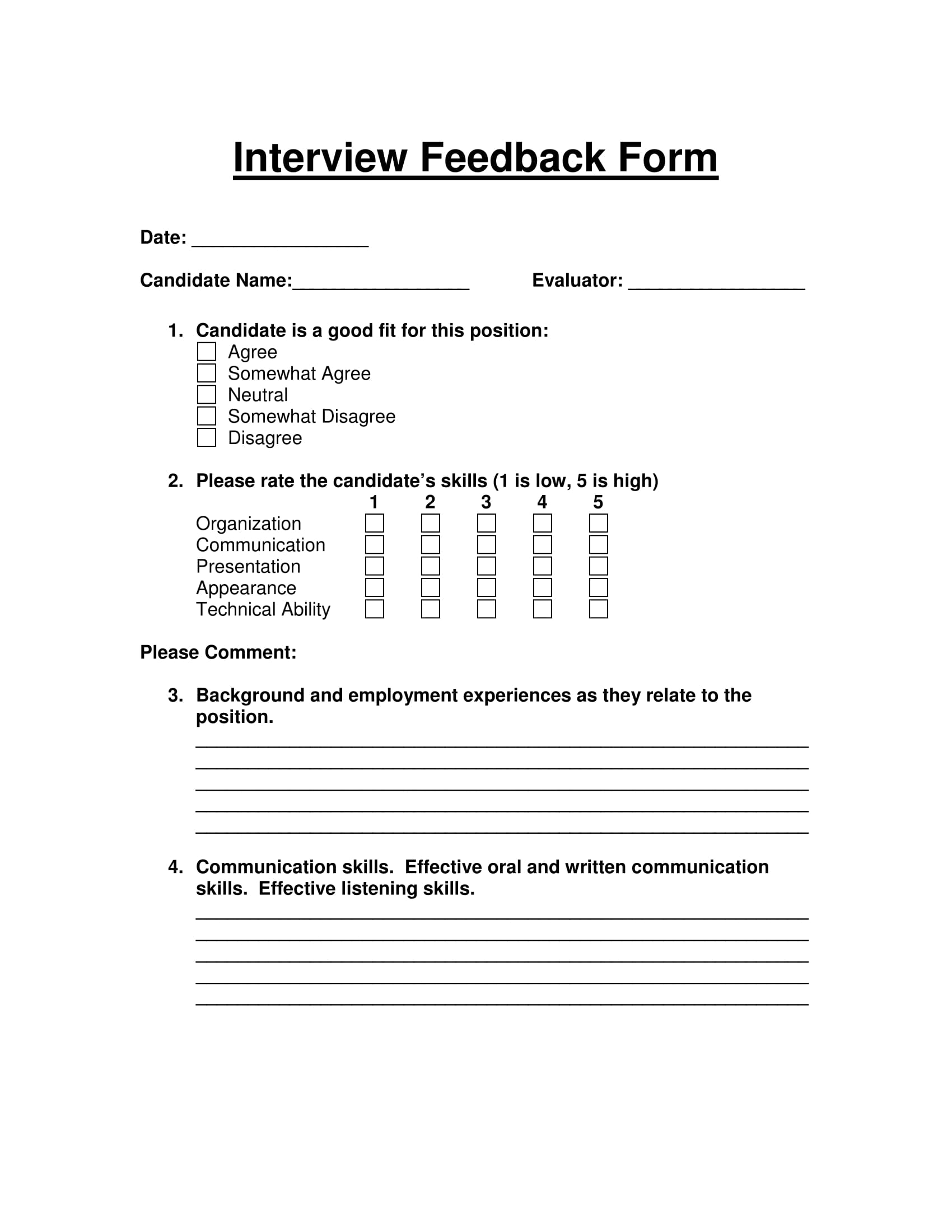 Free 20 Interview Feedback Form Examples In Pdf Ms Word Bank2home