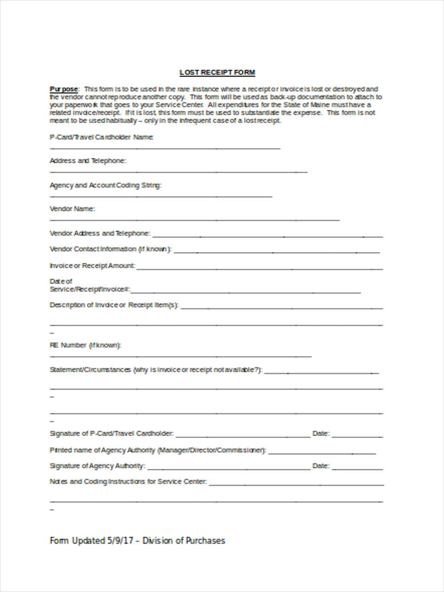 FREE 11+ Lost Receipt Form Samples, PDF, MS Word, Google Docs, Excel