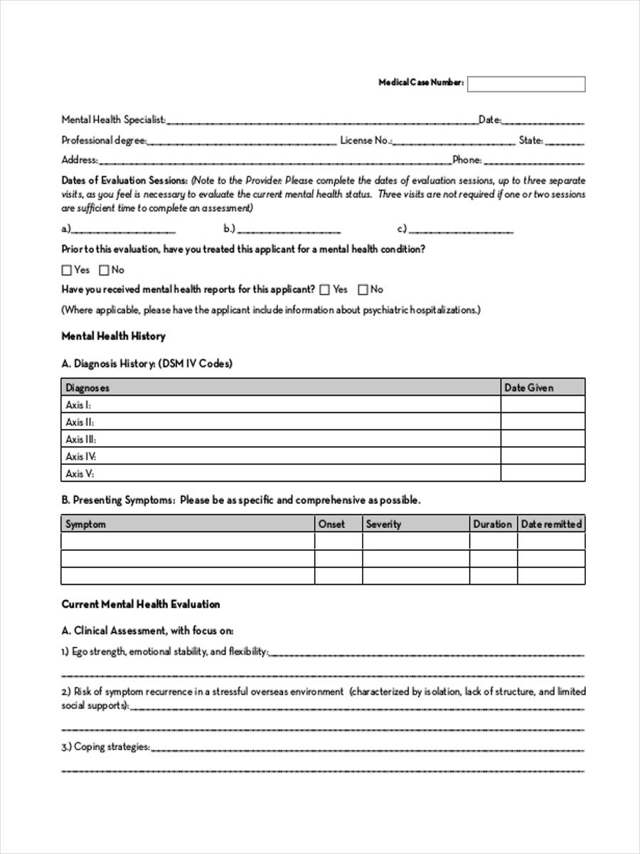 Mental Health Evaluation Form Fillable Printable Pdf Forms The Best