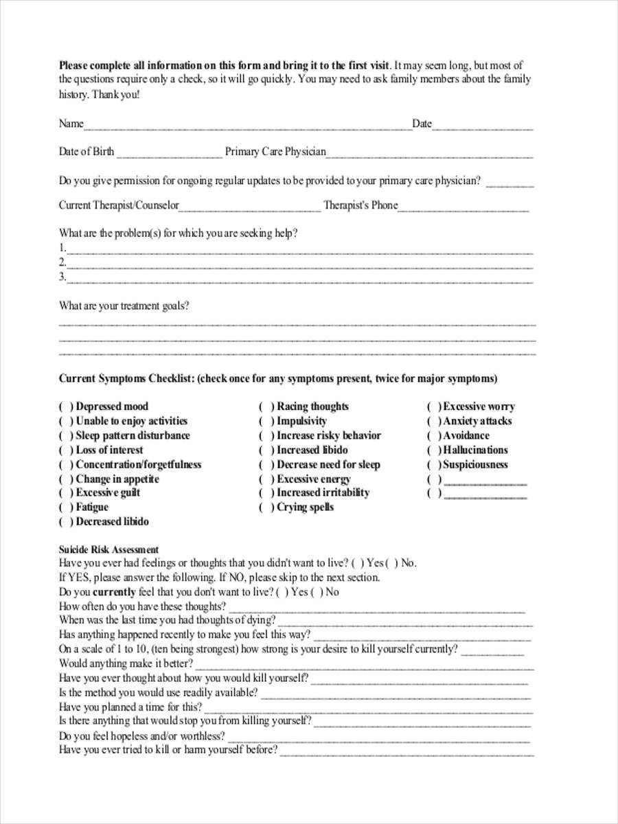 FREE 12+ Mental Health Assessment Form Samples, PDF, MS Word, Google Docs