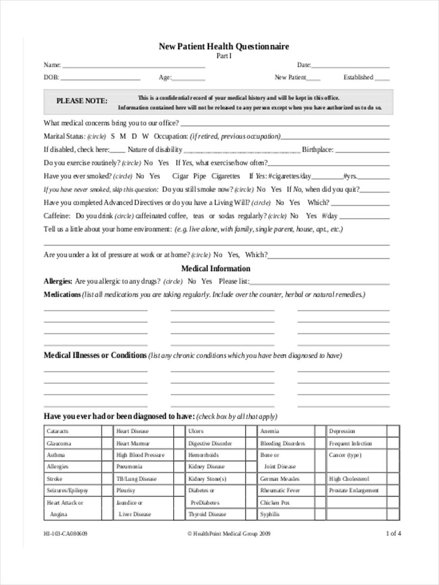 Free 8 Health Questionnaire Forms In Pdf Ms Word
