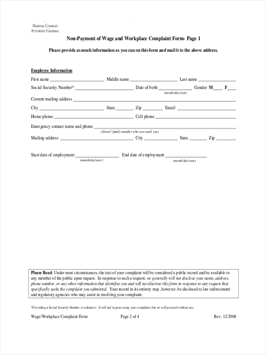 FREE 6+ Sample Wage Complaint Forms in PDF | Ms Word