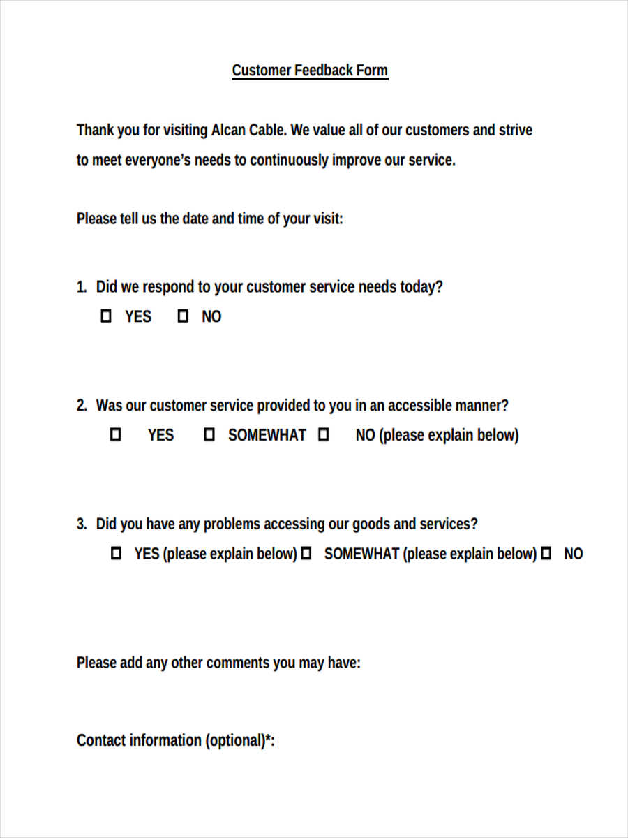 FREE 9 Customer Feedback Forms In MS Word PDF