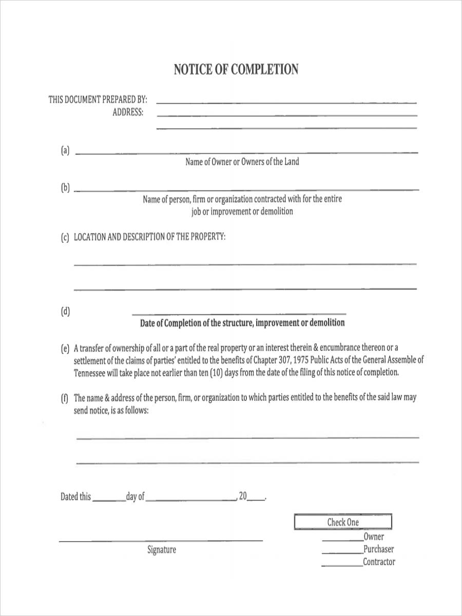 Notice Of Completion Template Notice Of Completion Template
