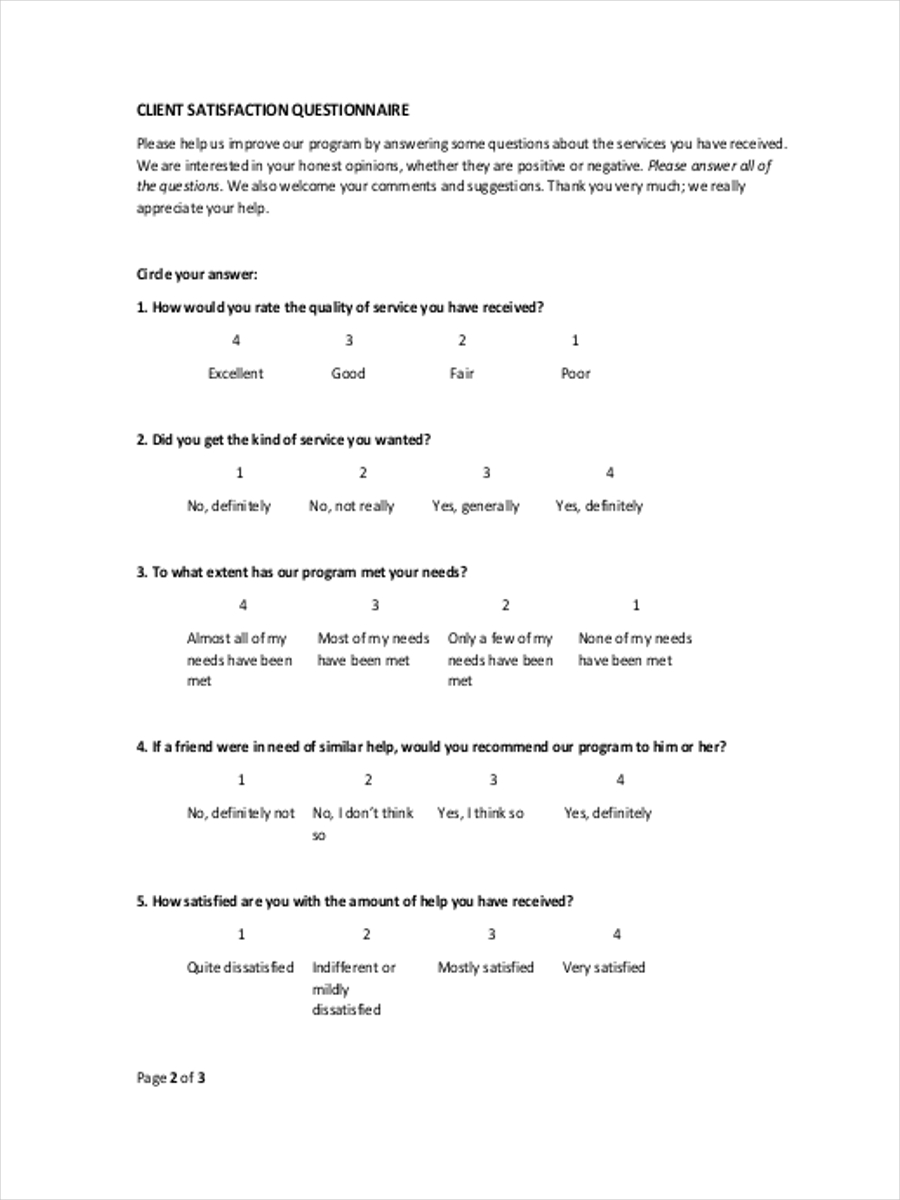 FREE 10+ Client Satisfaction Questionnaire Form Samples, PDF, MS Word ...
