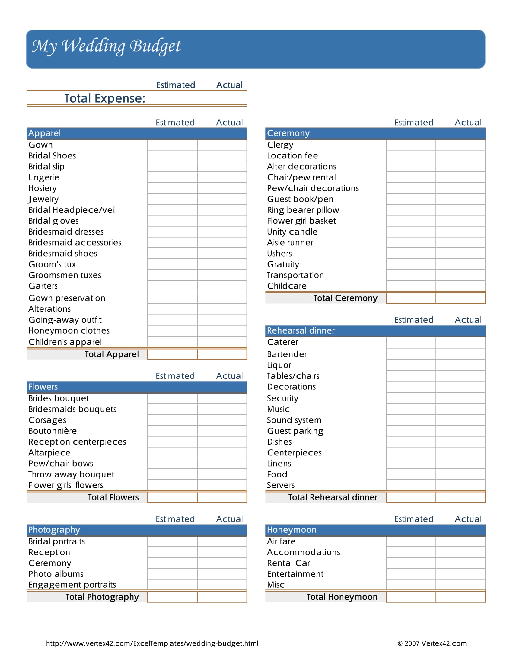 Wedding Budget Template Printable