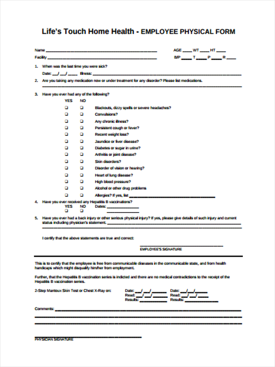 FREE 5+ Sample Employee Physical Forms in PDF