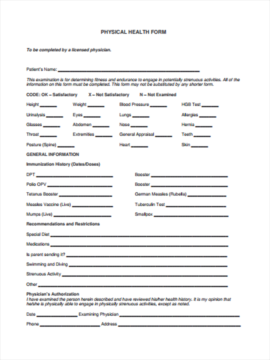FREE 6+ Physical Health Forms in PDF | Ms Word