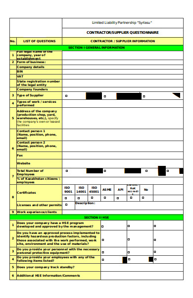 FREE 9+ Sample Vendor Questionnaire Forms in PDF | Excel
