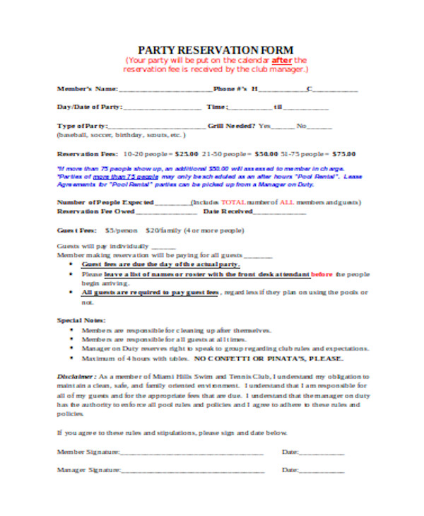 FREE 10+ Sample Party Reservation Forms in PDF | MS Word