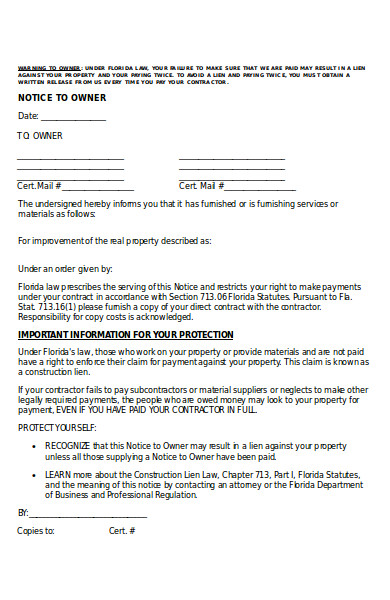 FREE 5+ Notice to Owner Forms in PDF | Ms Word