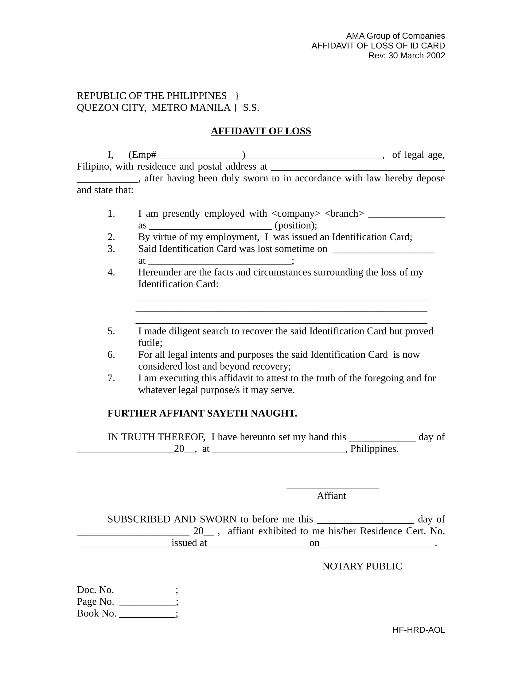 136 Printable Affidavit Of Loss Forms And Templates Fillable Samples Images