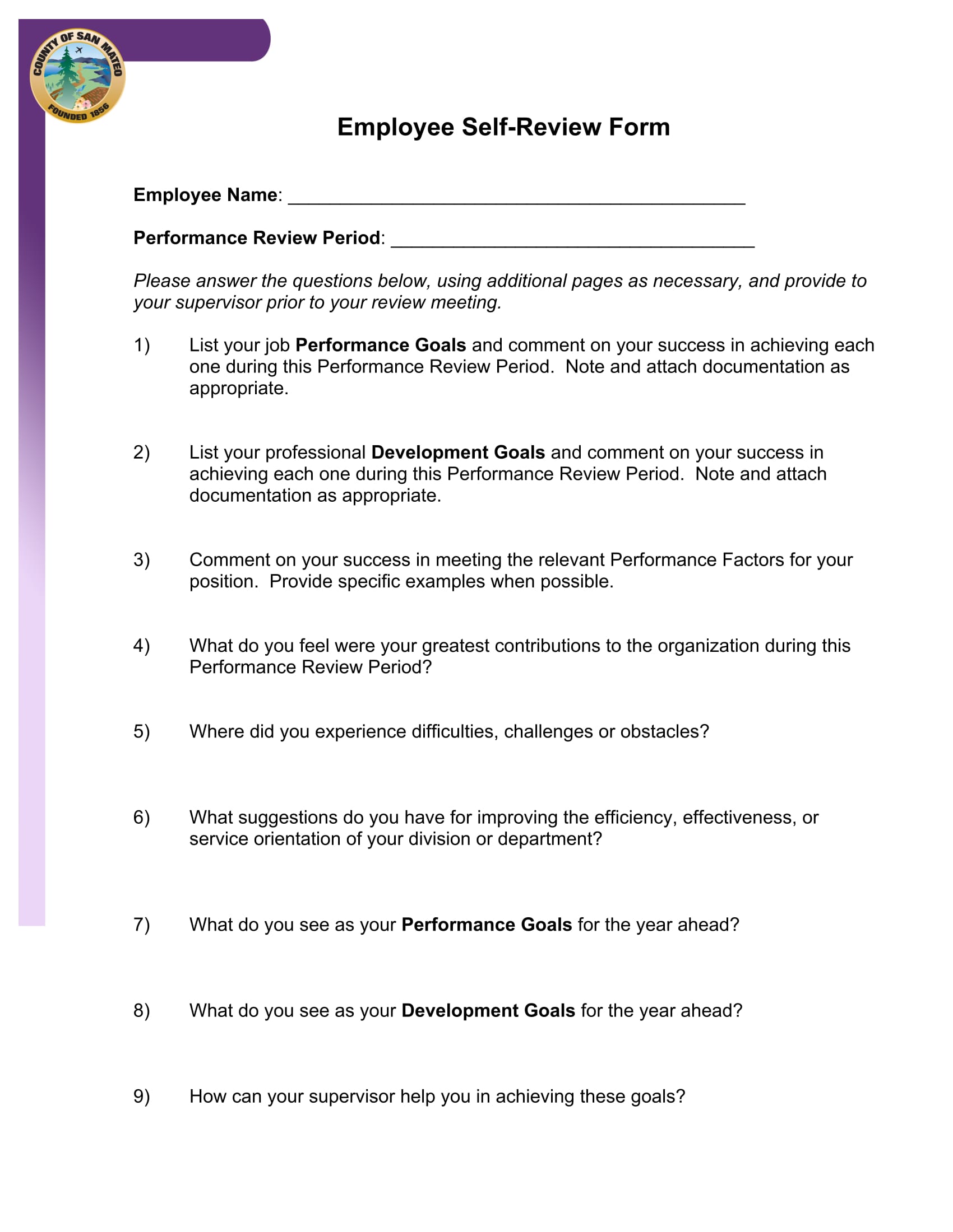 Employee Self Evaluation Form Template Word Master Template