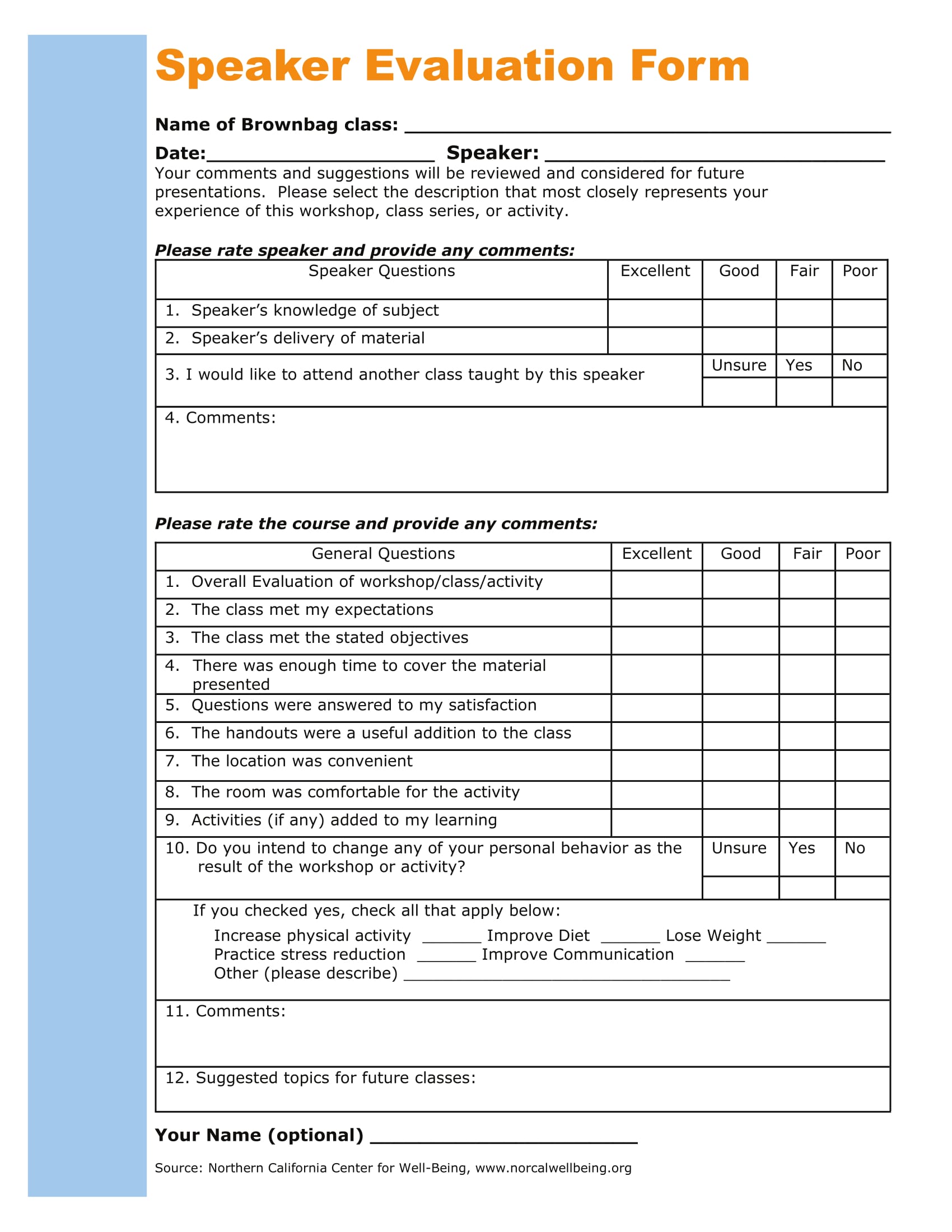 Free Speaker Evaluation Form Sample