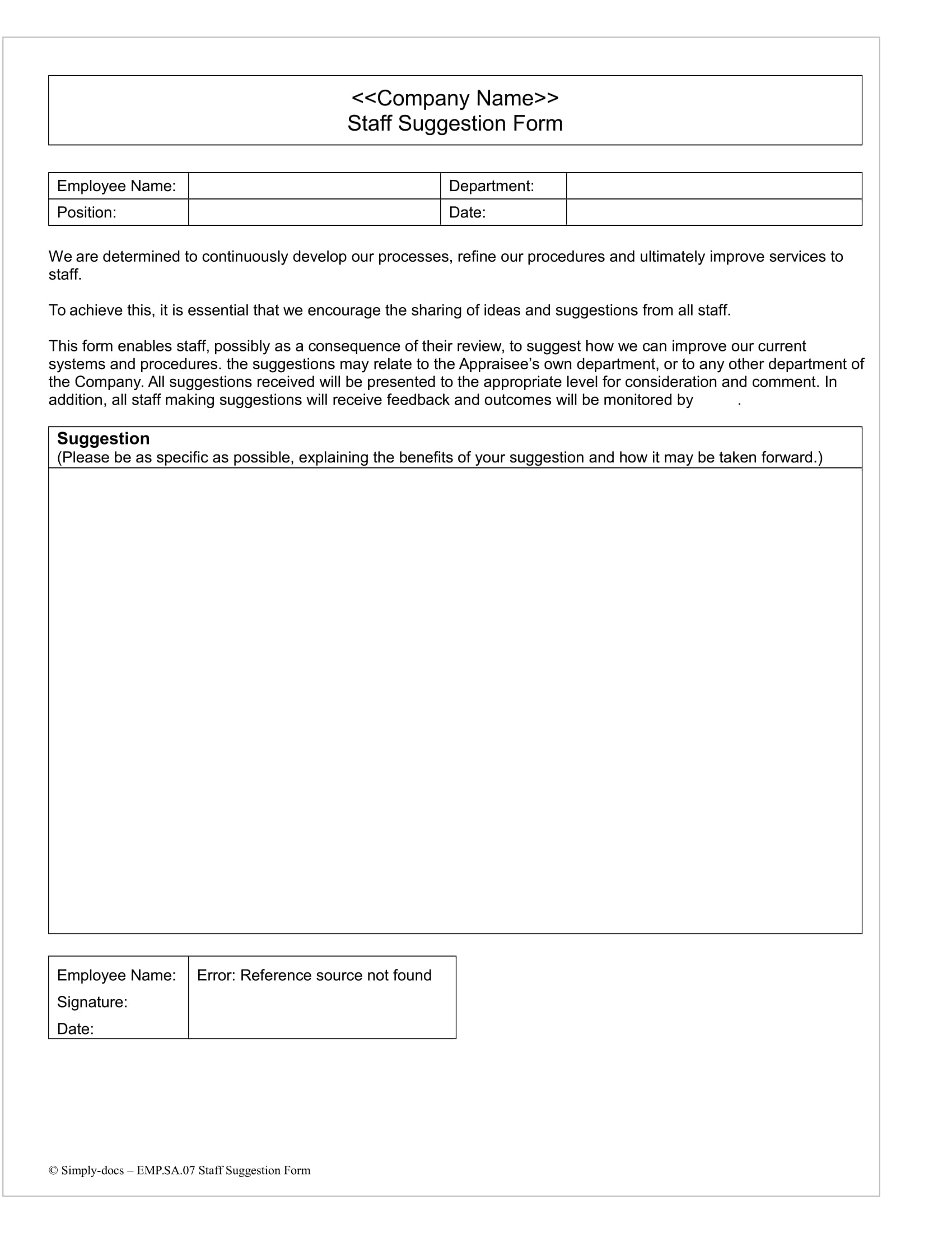 FREE 18+ Employee Suggestion Form Samples, PDF, MS Word, Google Docs, Excel