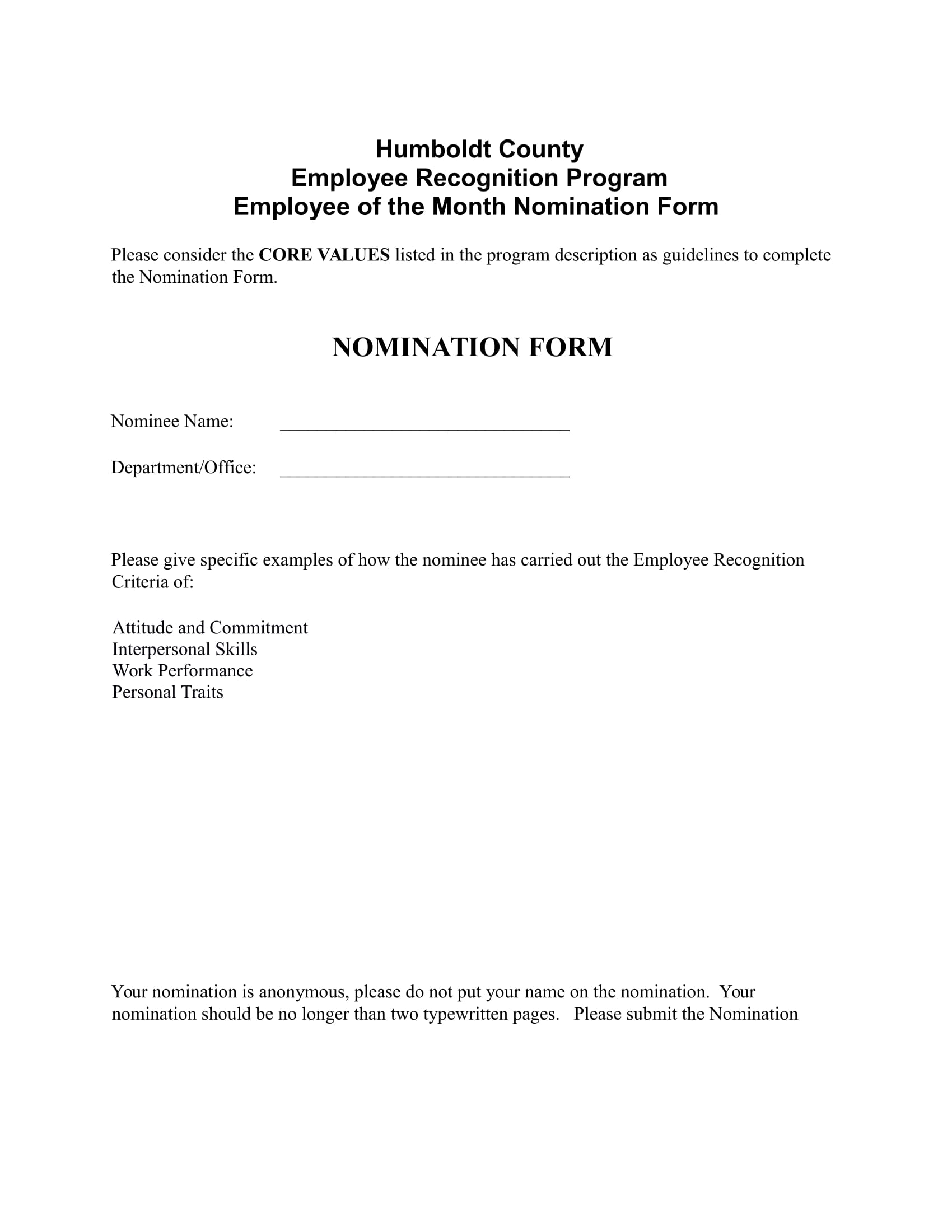 Employee Recognition Nomination Form Template For Your Needs
