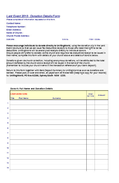FREE 9+ Church Donation Form Samples, PDF, MS Word, Google Docs, Excel