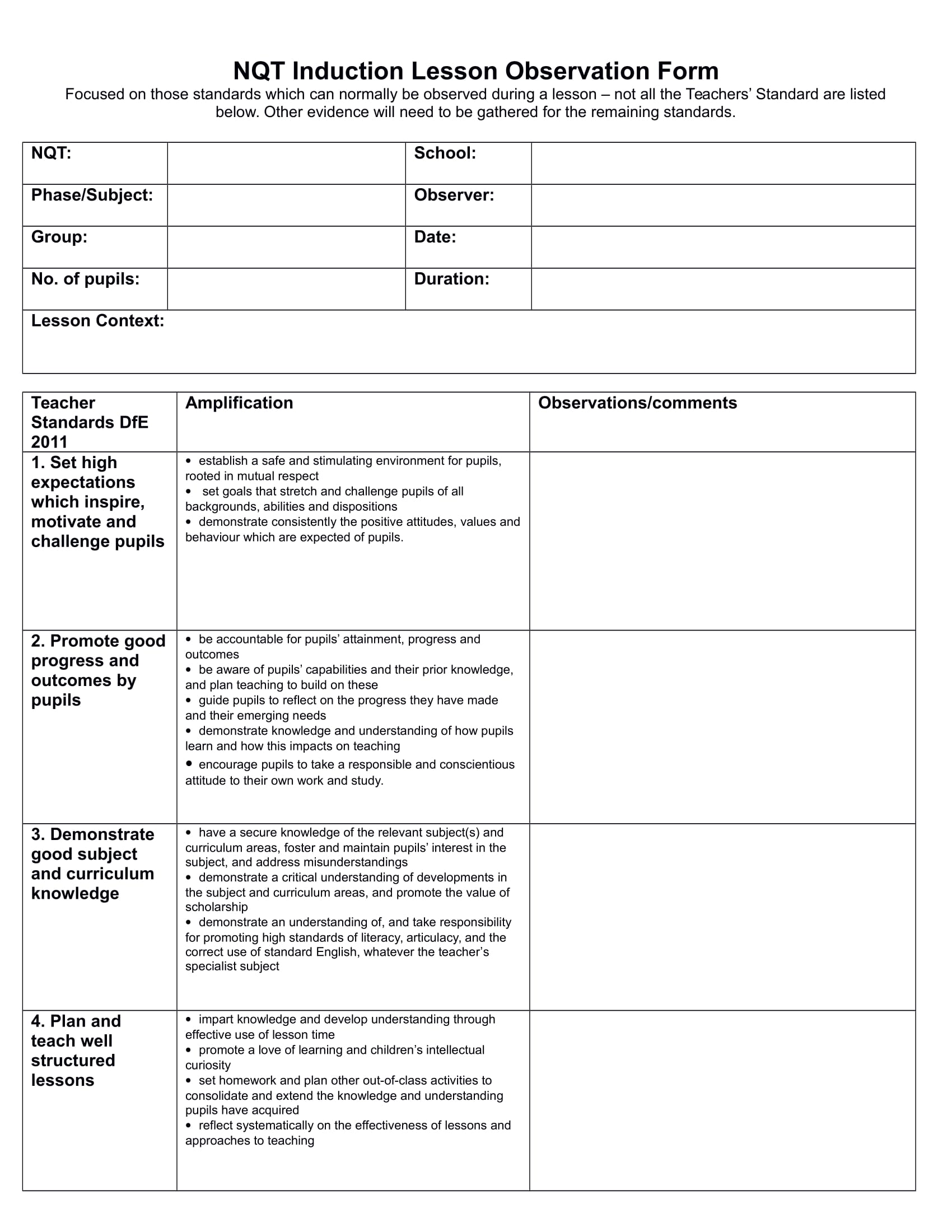 Lesson Plan Template For Teacher Observation Lesson Observation Forms 