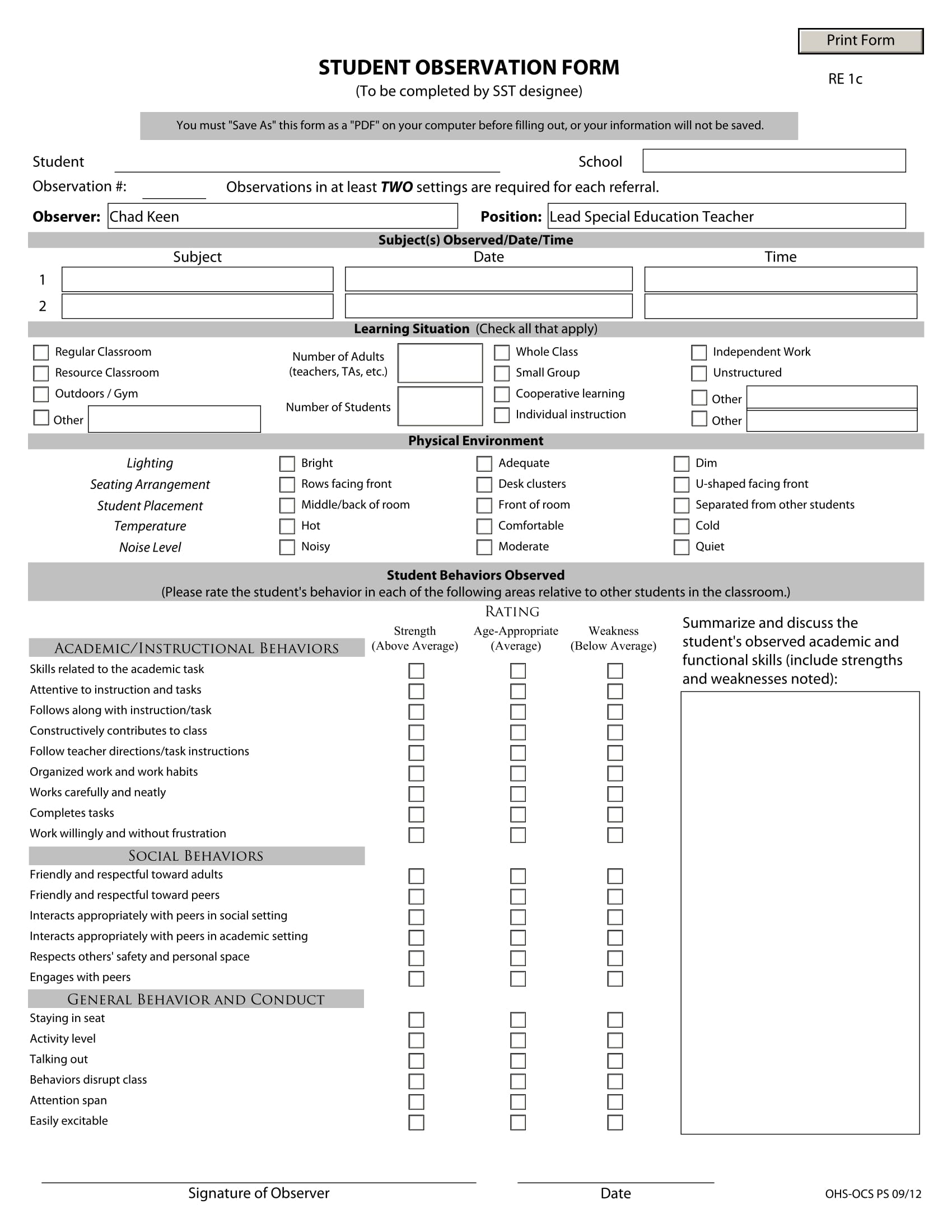 FREE 10+ Student Observation Form Samples, PDF, MS Word, Google Docs, Excel
