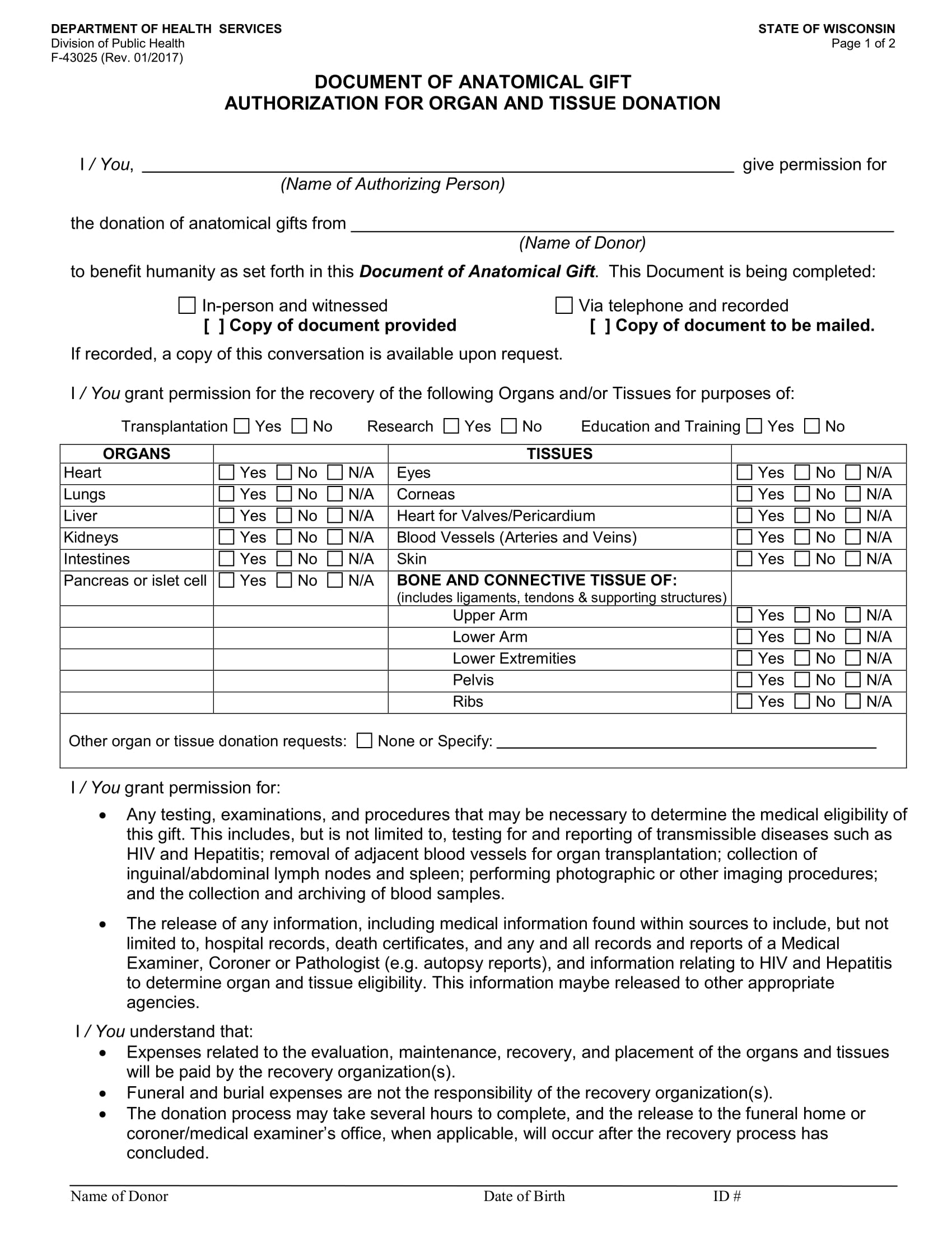 FREE 4+ Organ Donation Forms in PDF
