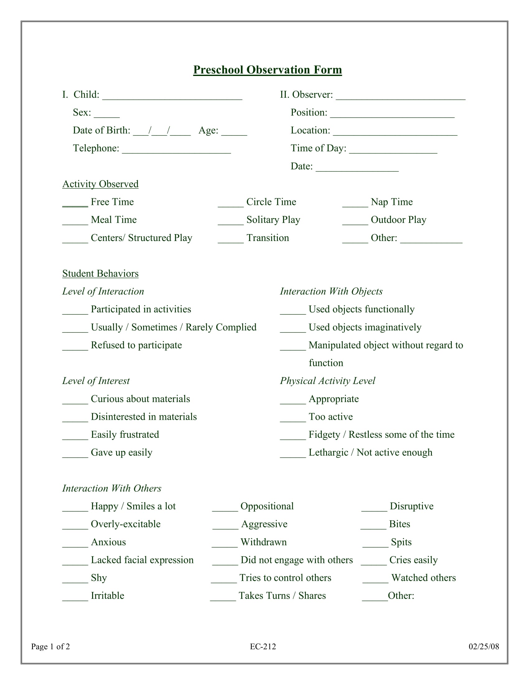 FREE 10+ Preschool Observation Form Samples, PDF, MS Word, Google Docs