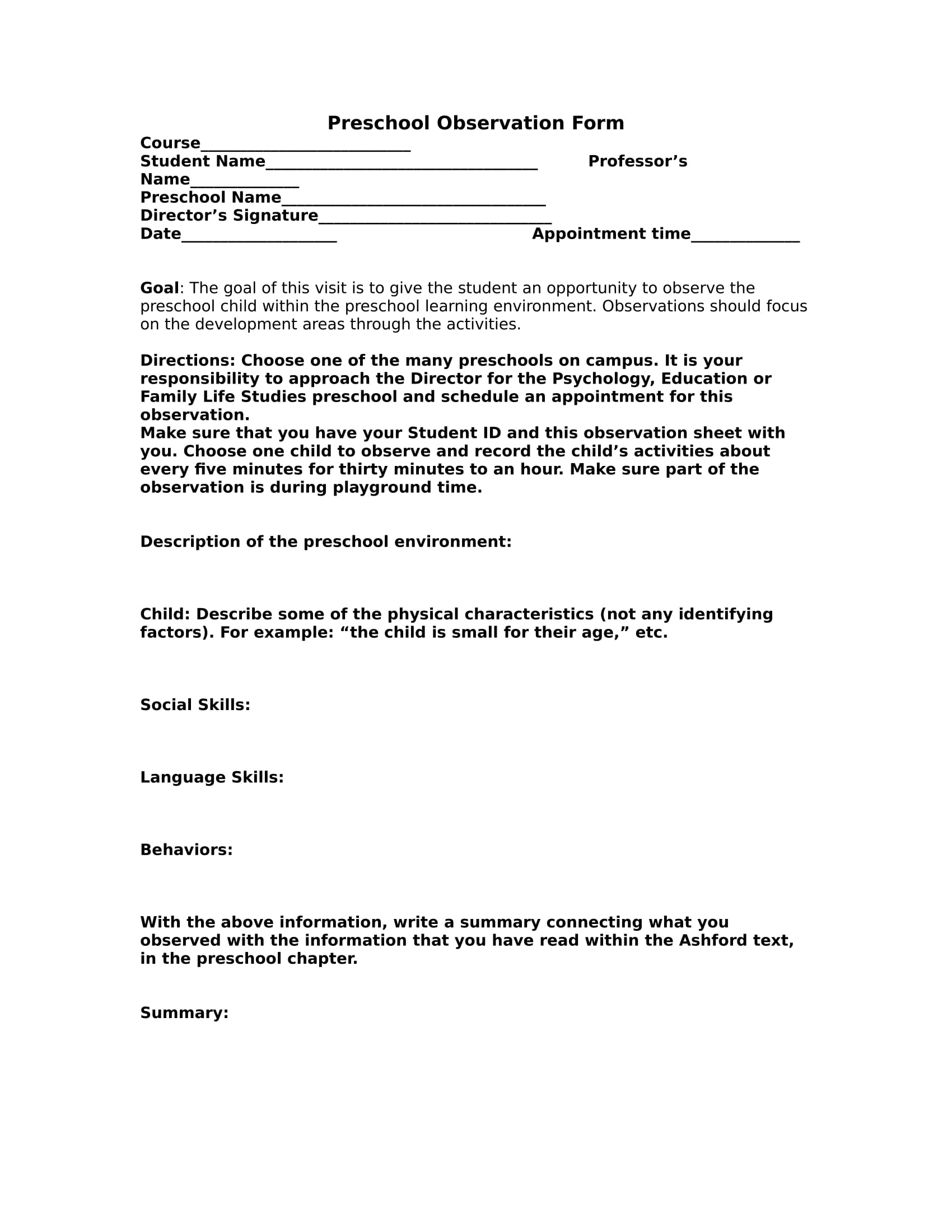 FREE 10+ Preschool Observation Form Samples, PDF, MS Word, Google Docs