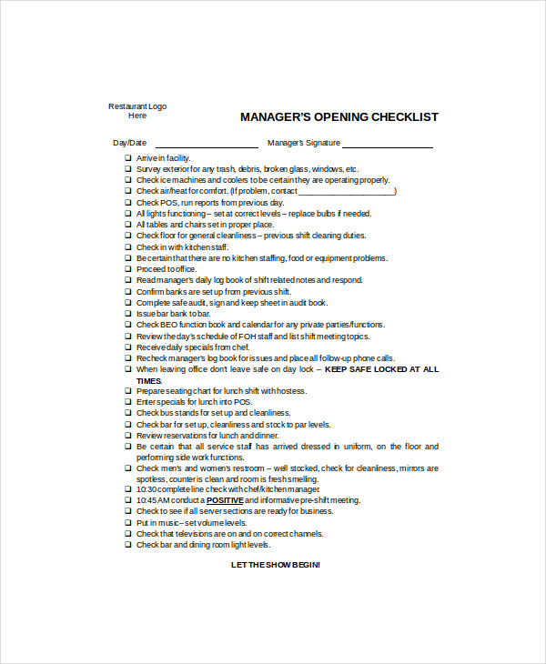 FREE 10+ Restaurant Opening Checklist Form Samples, PDF, MS Word ...