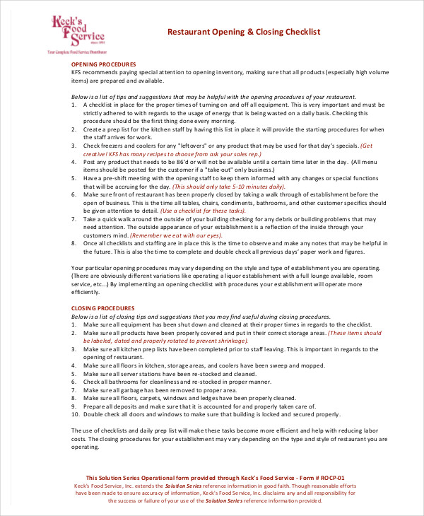 FREE 6+ Sample Restaurant Checklist Forms in PDF