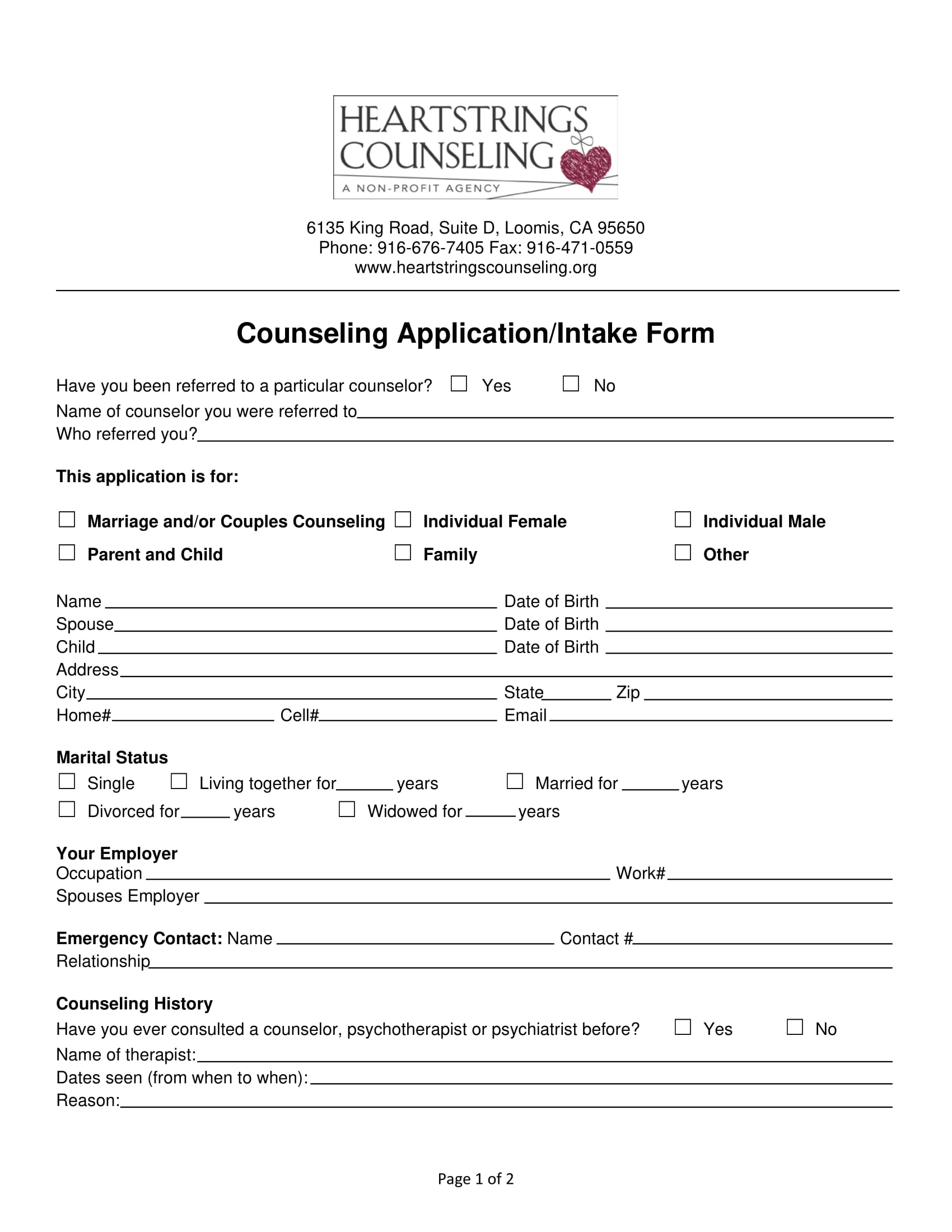 Counseling Client Printable Counselling Intake Form Template 