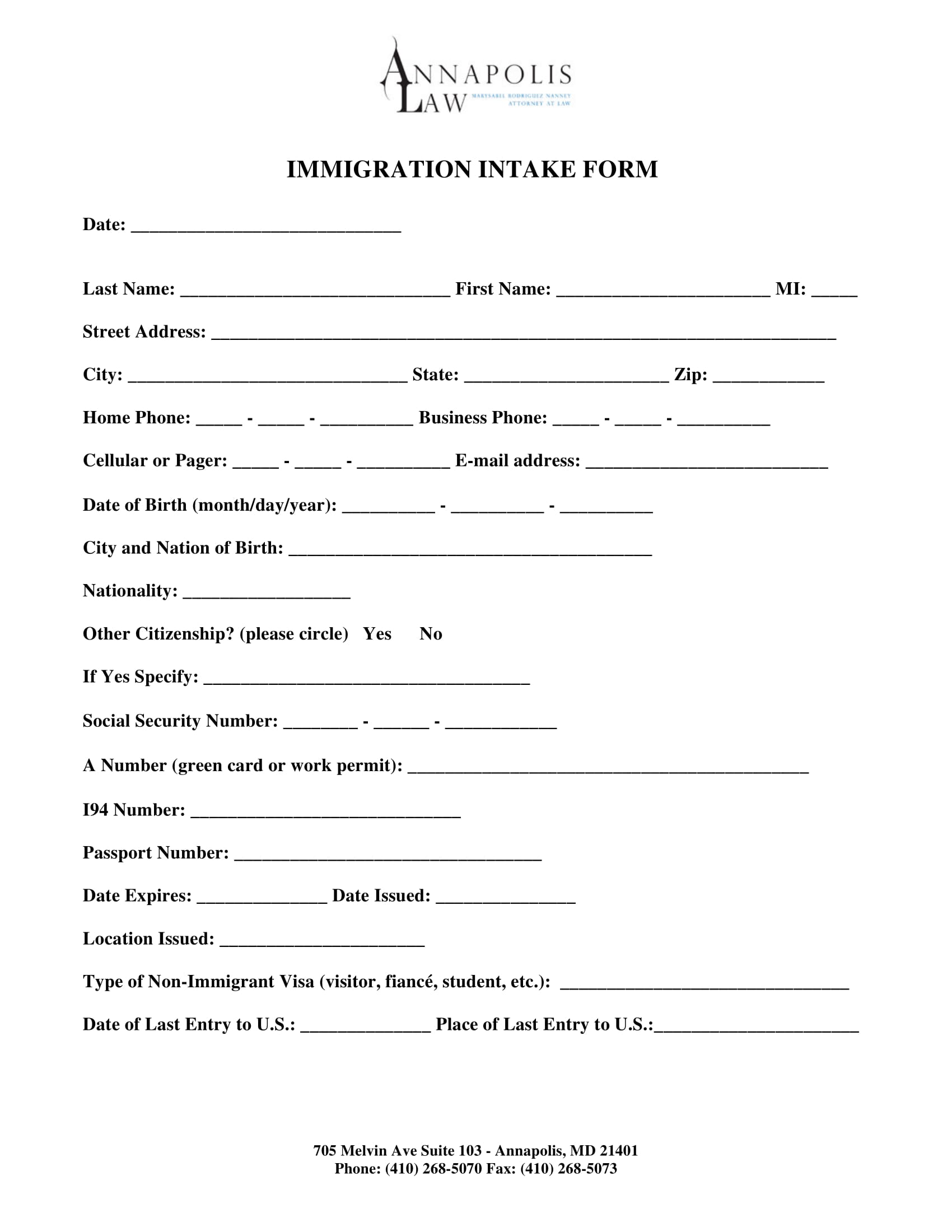 FREE 4 Immigration Intake Forms In PDF