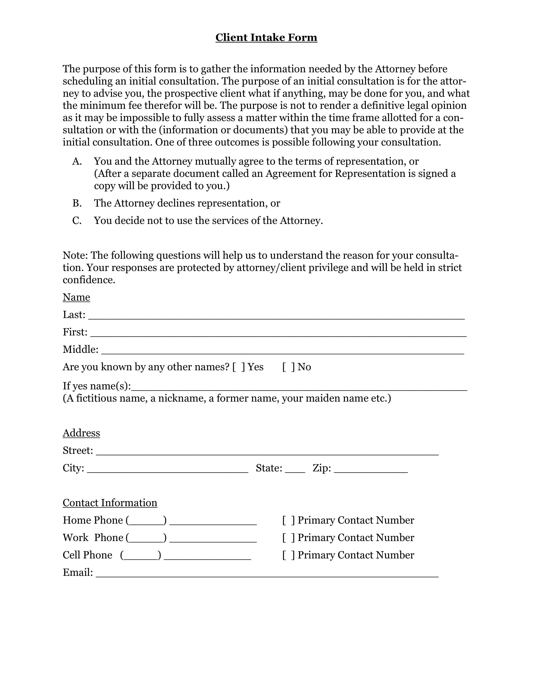 Client Intake Sheet
