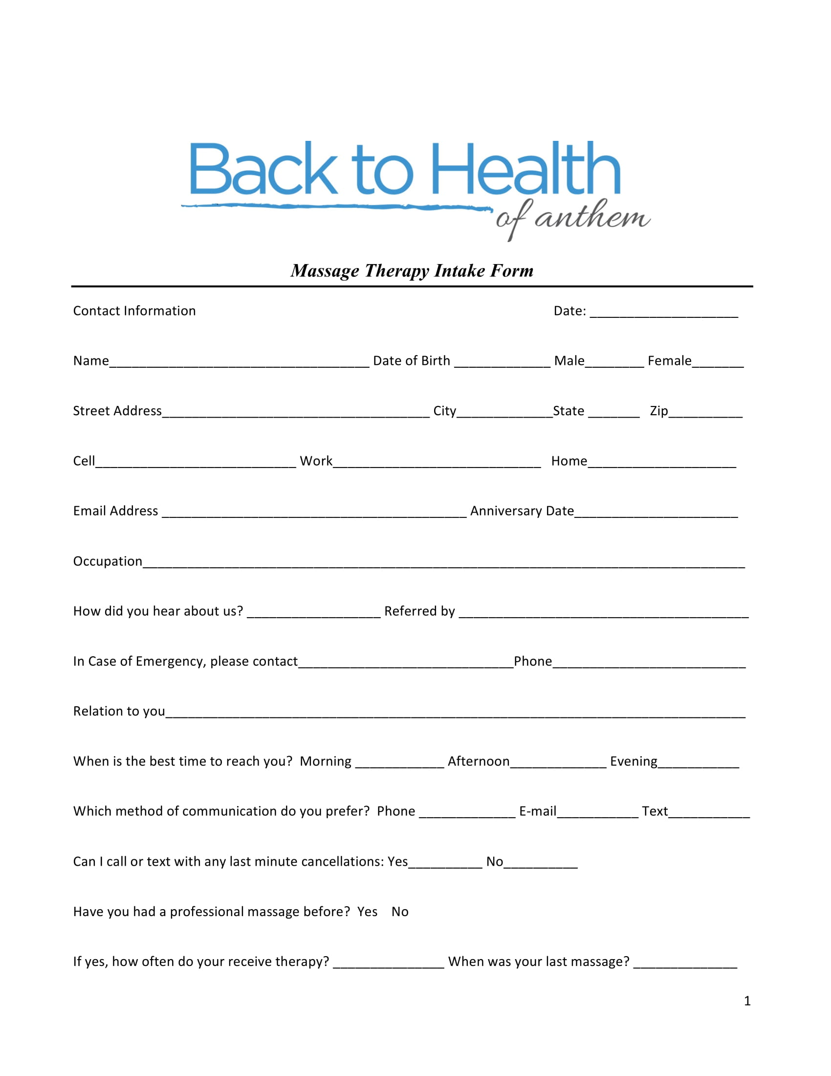 FREE 5 Massage Intake Forms In PDF