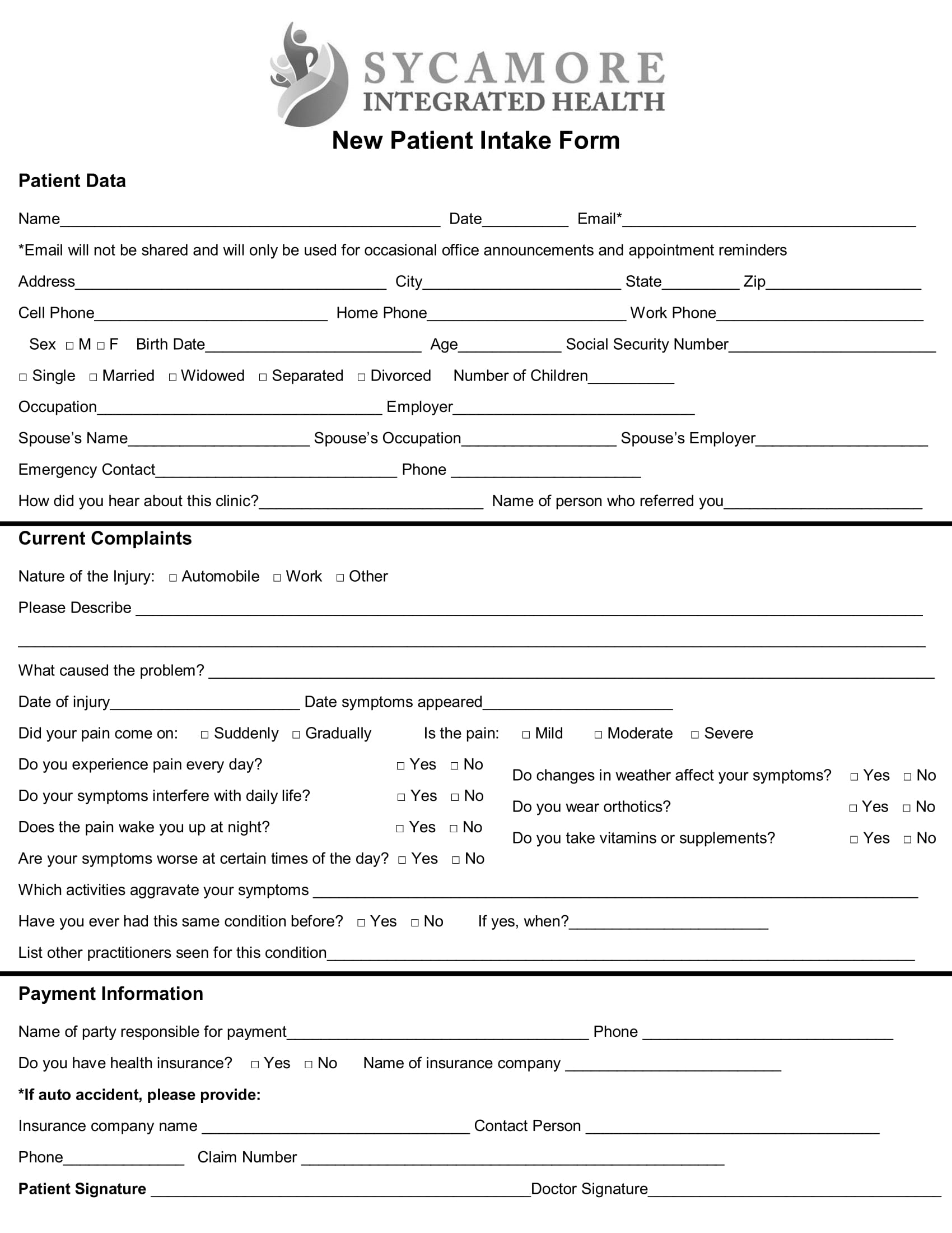 Patient Intake Form Template Word